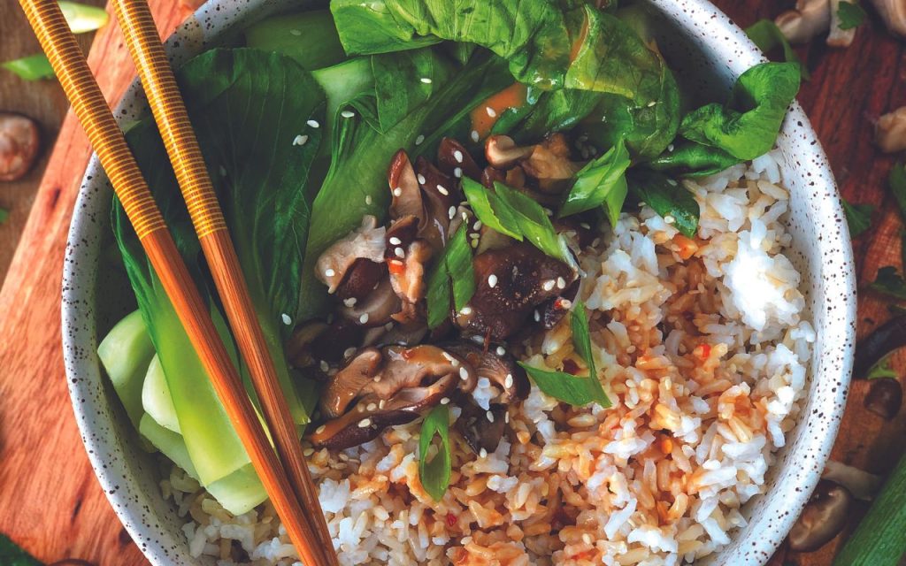 Shiitake Rice with Bok Choy and Thai Peanut Sauce | Om Yoga Magazine